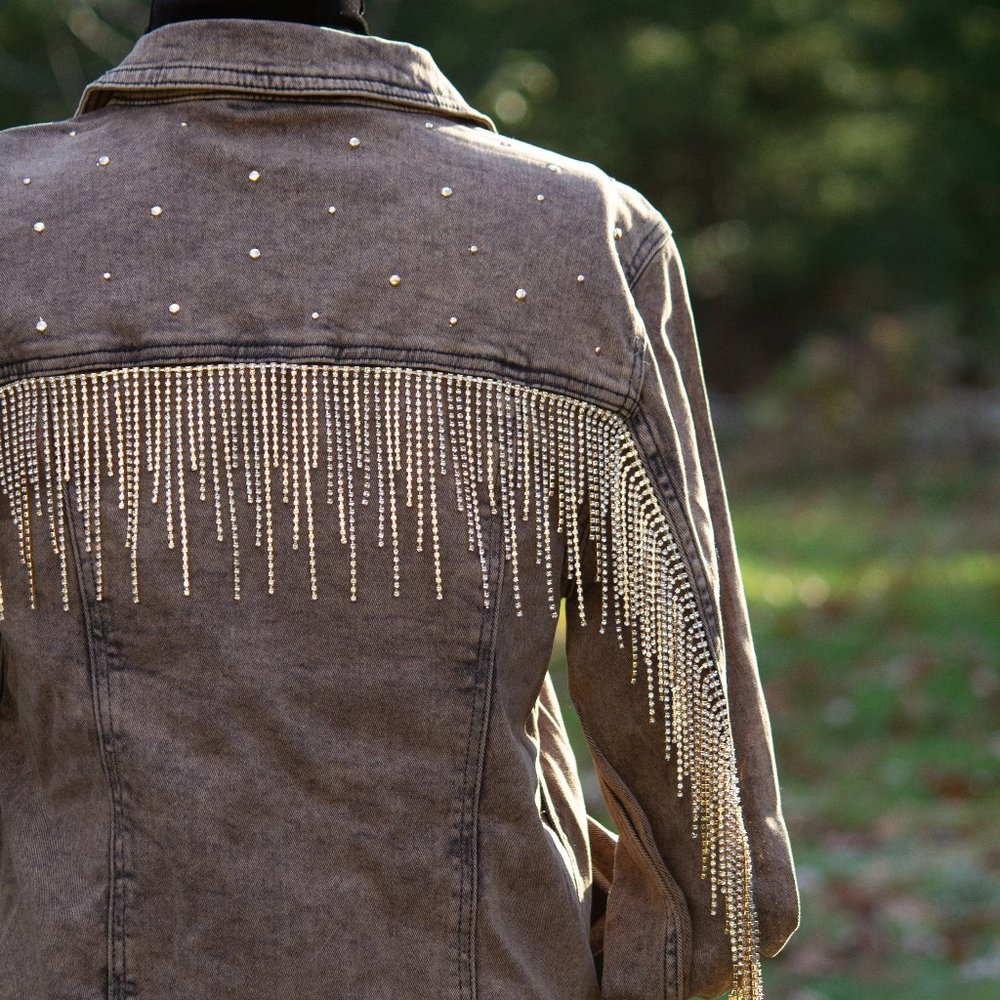 Upcycled Denim Rhinestone Fringe Jacket - Gem